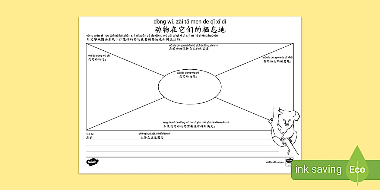 * Chinese with Pinyin Animals in Their Habitats Worksheet*