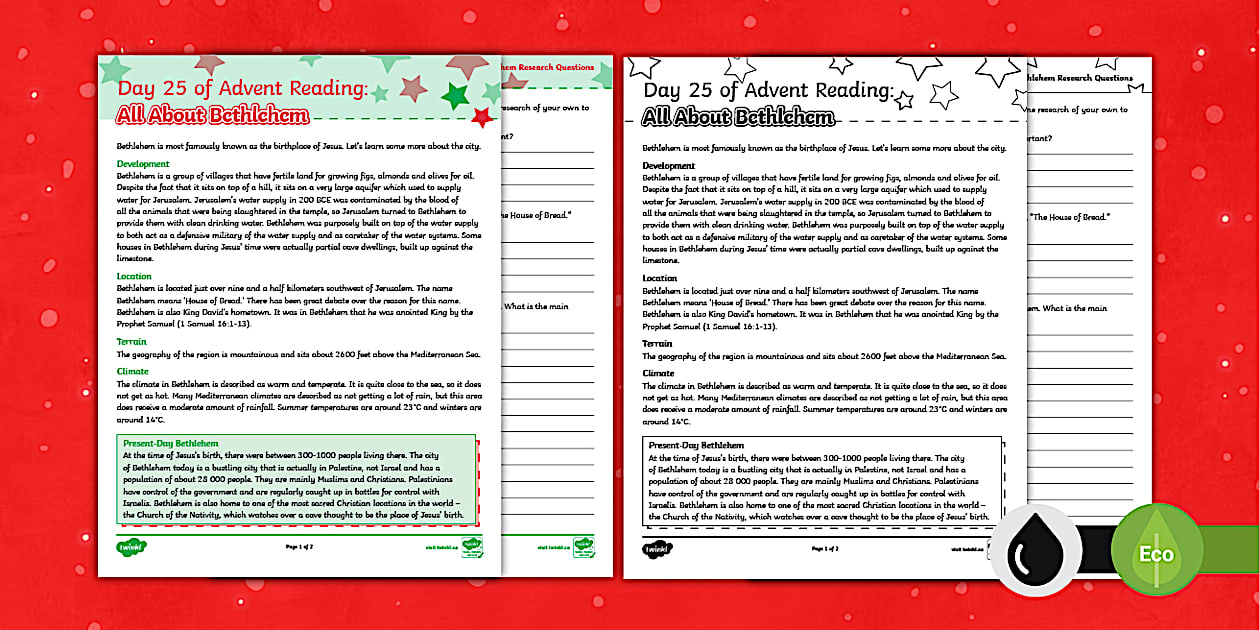 Day 25 of Advent Reading: All About Bethlehem Reading Comprehension and