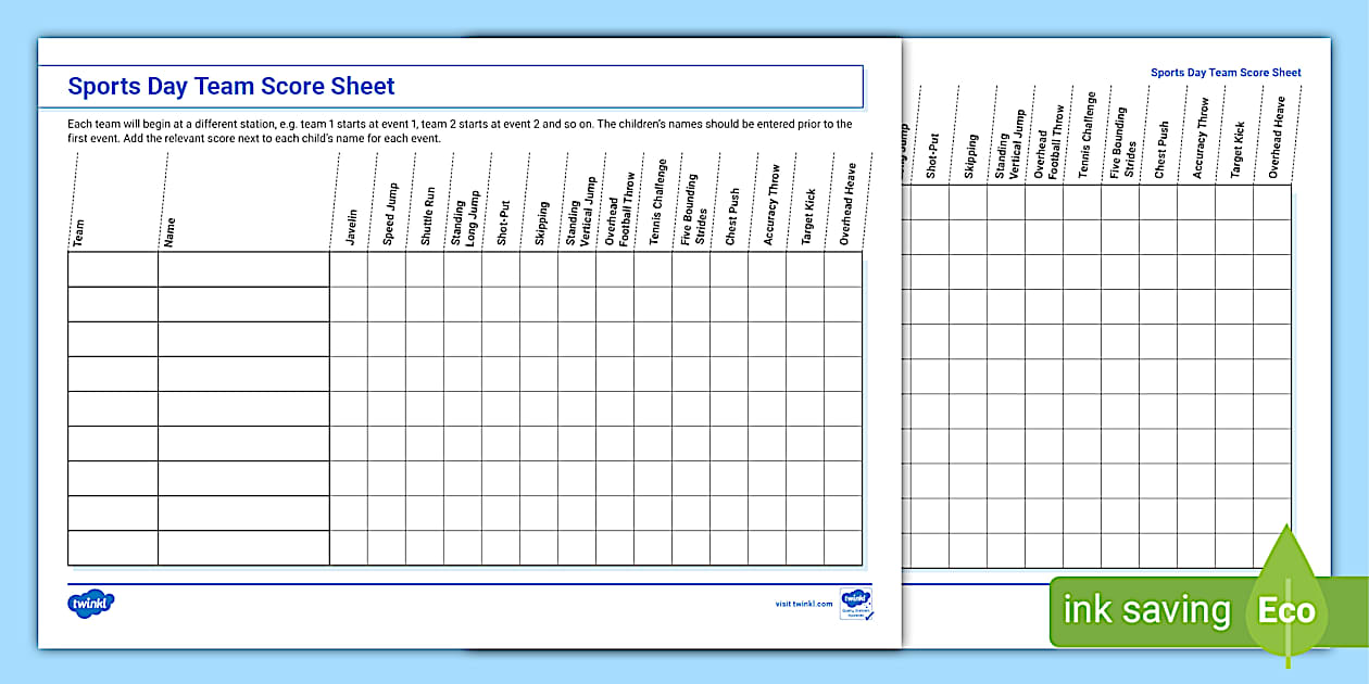 Sports Day Team Score Sheet - sports day, score, score sheet, recording ...