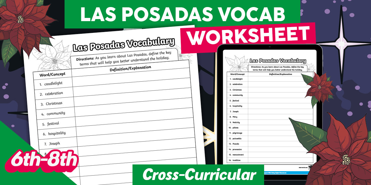 Las Posadas Vocabulary Worksheet for 6th-8th Grade - Twinkl