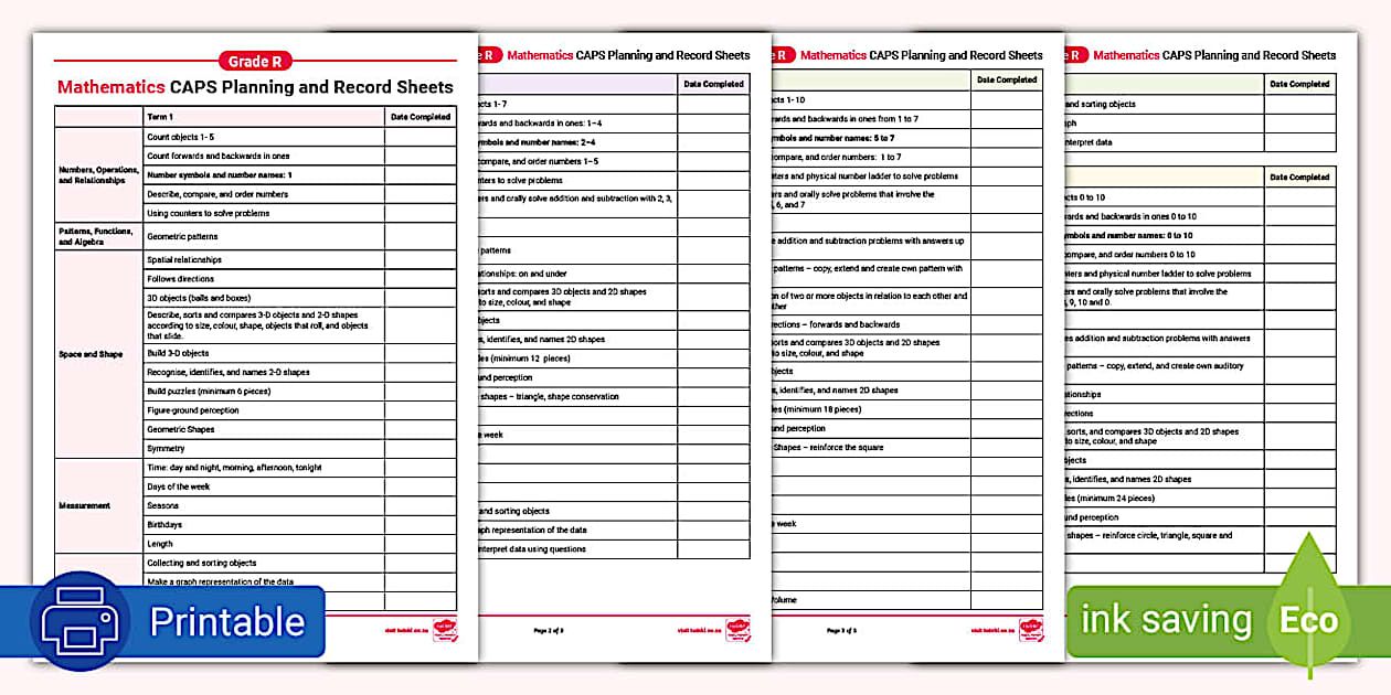 Grade R Mathematics CAPS Planning and Record Sheets resource