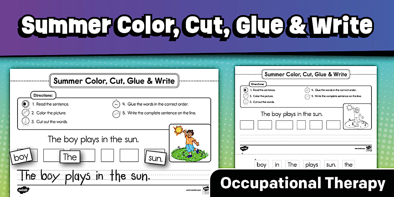Summer Color, Cut, Glue, and Write Sentence Worksheets for Occupational