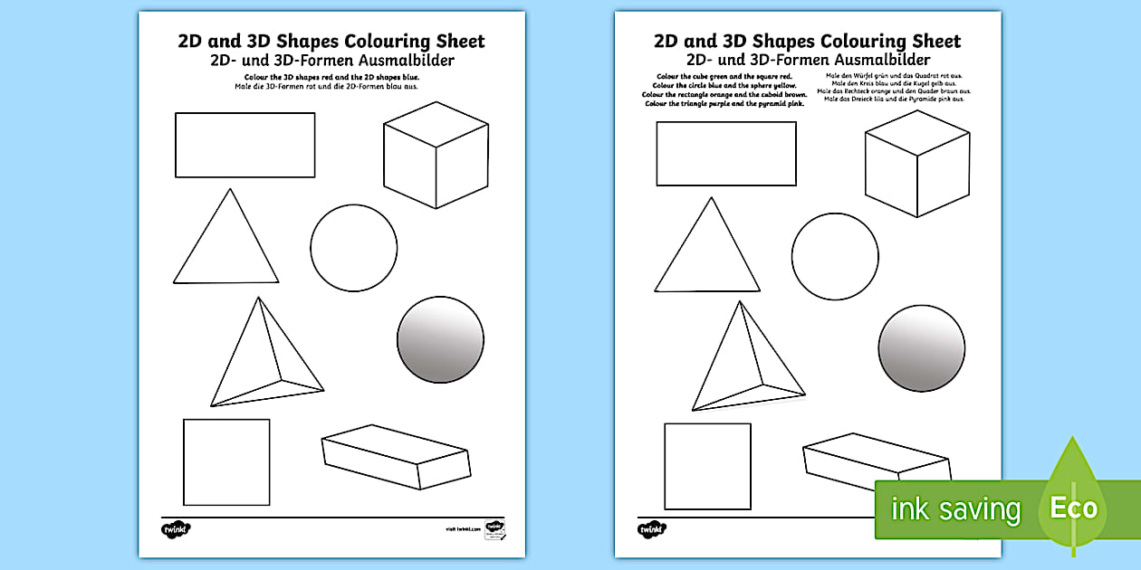2D and 3D Shapes Colouring Pages English/German - Twinkl