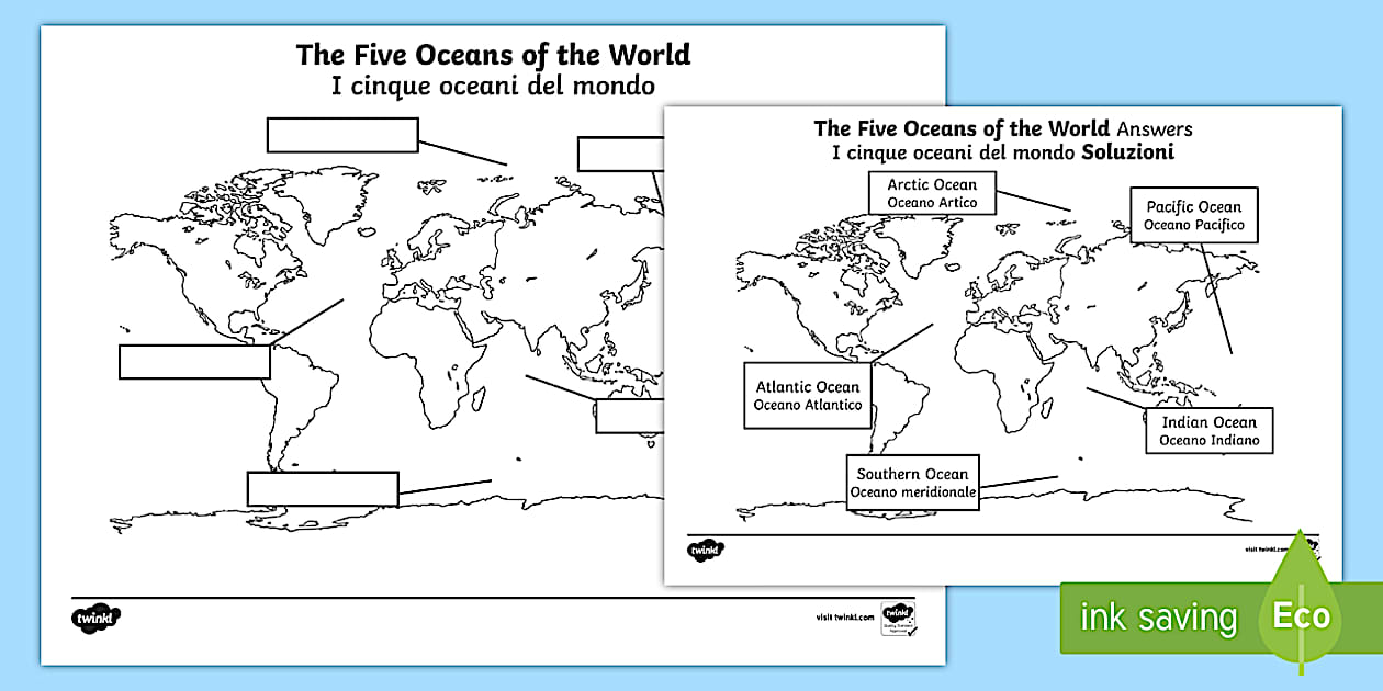 The Five Oceans Labeling Map Worksheet / Worksheet English/Italian