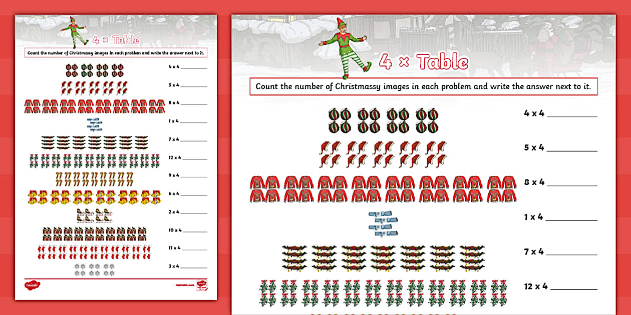 👉 Christmas Themed 4× Table Worksheet (teacher made)
