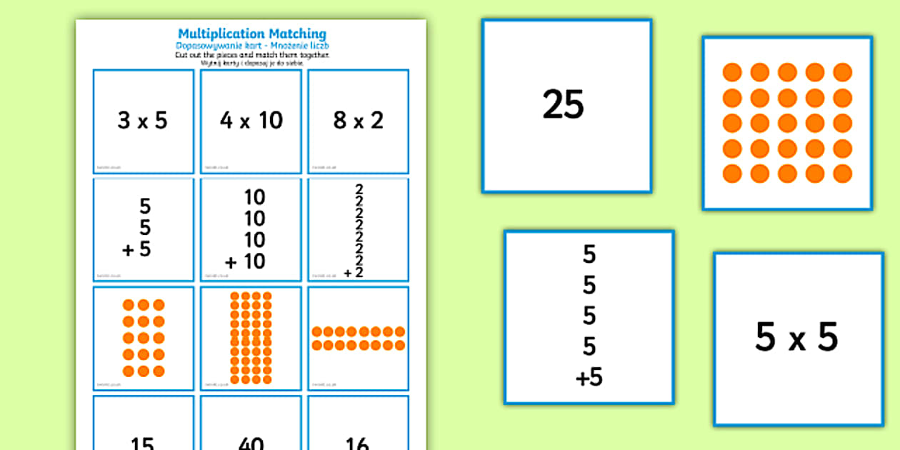 Black and White 2, 5 and 10 Times Table Multiplication Matching Puzzle