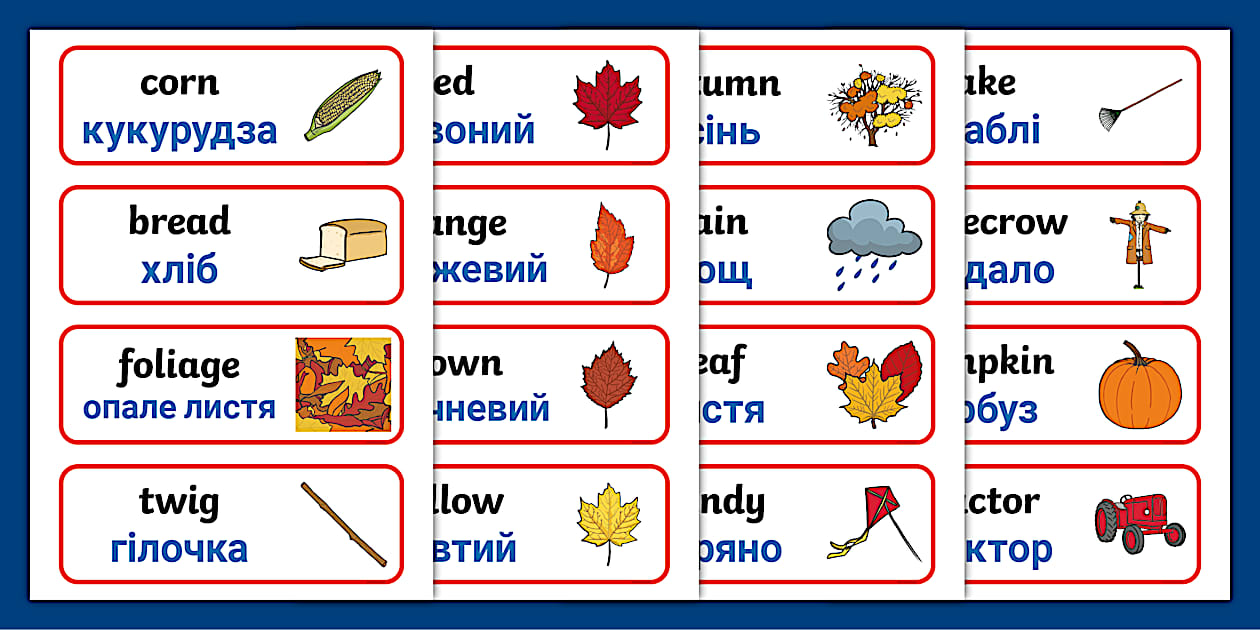 Ukrainian Translation Autumn Word Cards