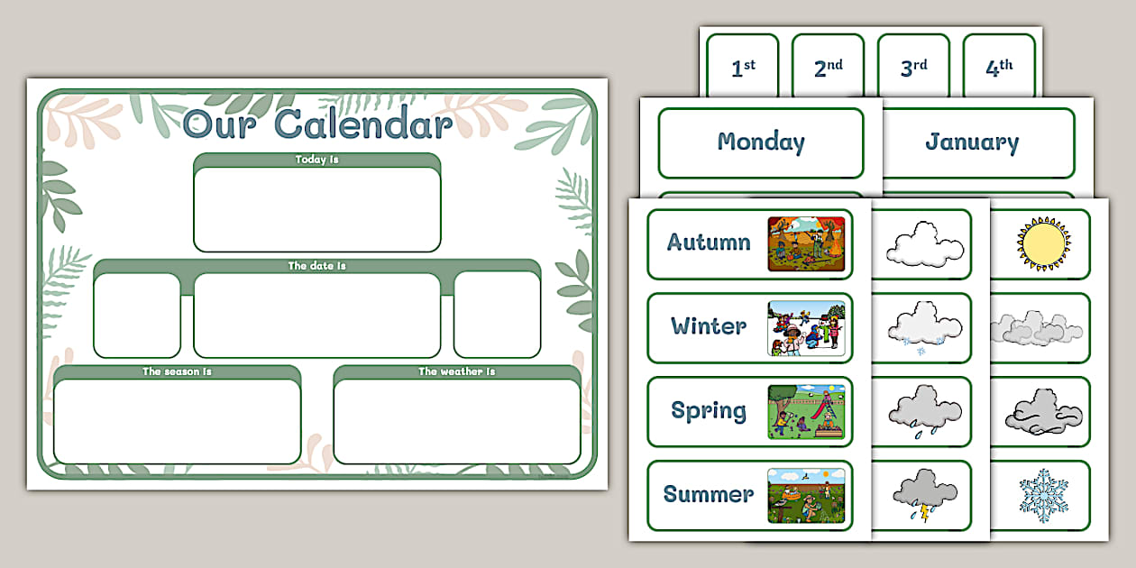 Editable EYFS Botanical-Themed Daily Calendar and Weather Chart