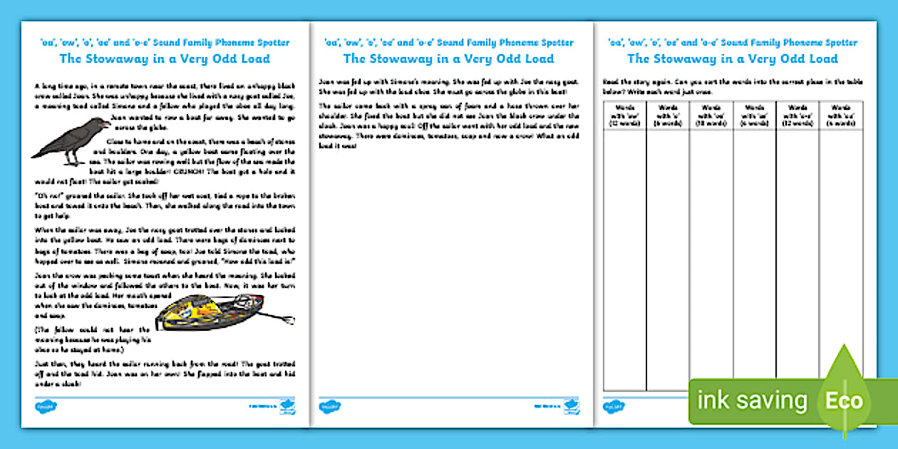 ‘o’ Vowel Phoneme Spotter Story Worksheet – Long ‘o’ Sounds