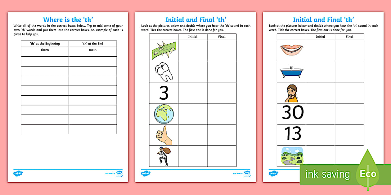 Black and White Initial and Final 'th' Worksheet - Twinkl