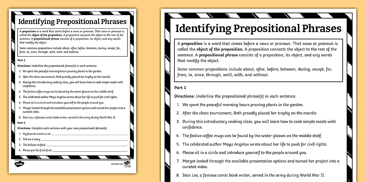 Identifying Prepositions Worksheet for 6th-8th Grade