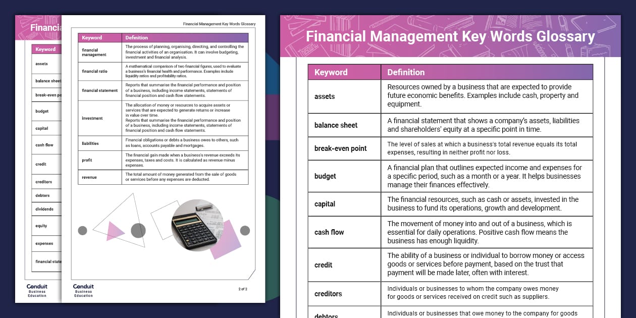 Financial Management Key Words Glossary - Twinkl