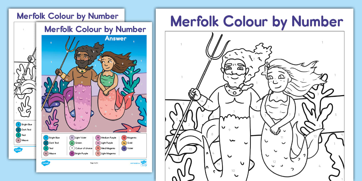 Merfolk Colour by Number Worksheet (teacher made) - Twinkl