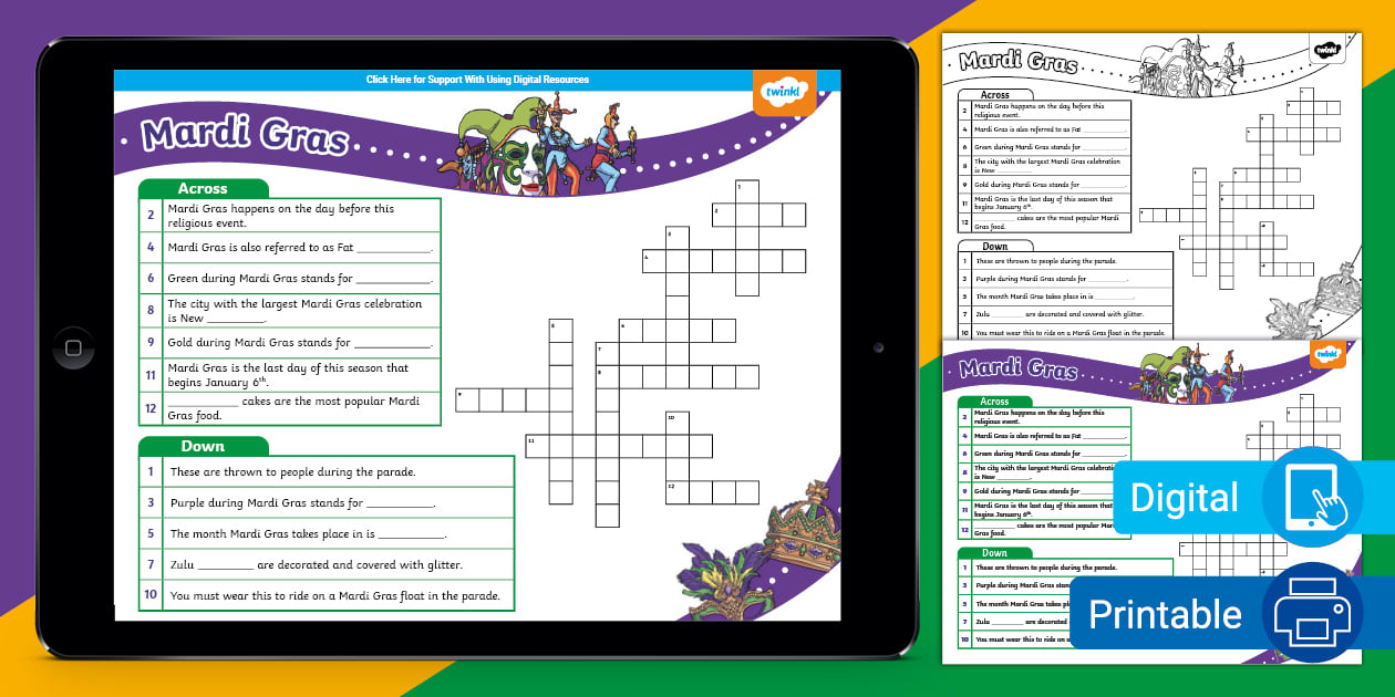 Mardi Gras Crossword for 3rd-5th Grade (teacher made)