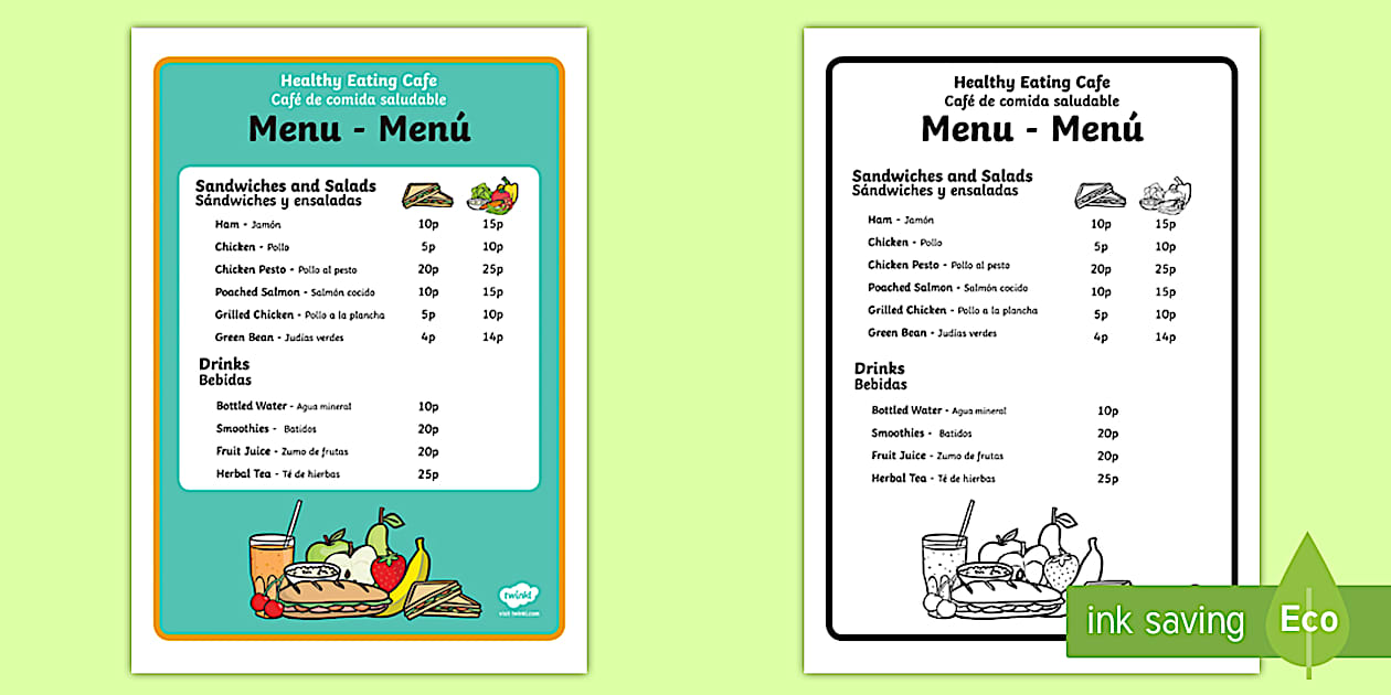 Black and White Healthy Eating Cafe Role-Play Menu - English / Spanish