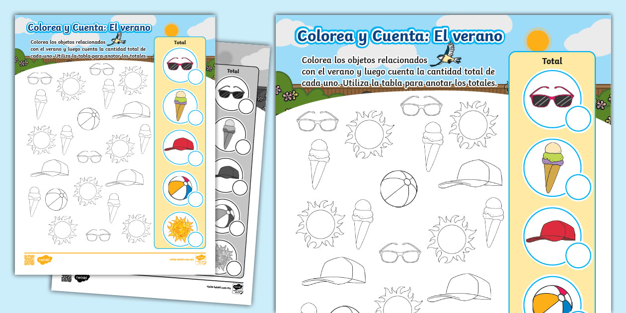 Hoja de actividad: Colorea y cuenta - El verano - Twinkl