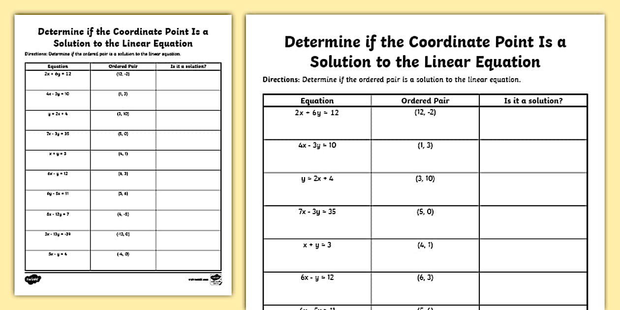 Eighth Grade Determine if the Coordinate Point Is a Solution to the Linear