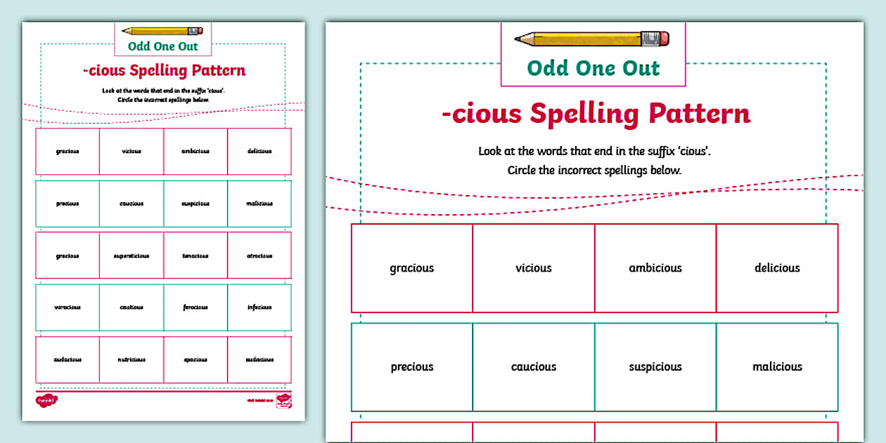 Suffix -cious Odd One Out Worksheet - Twinkl - KS2 - Twinkl