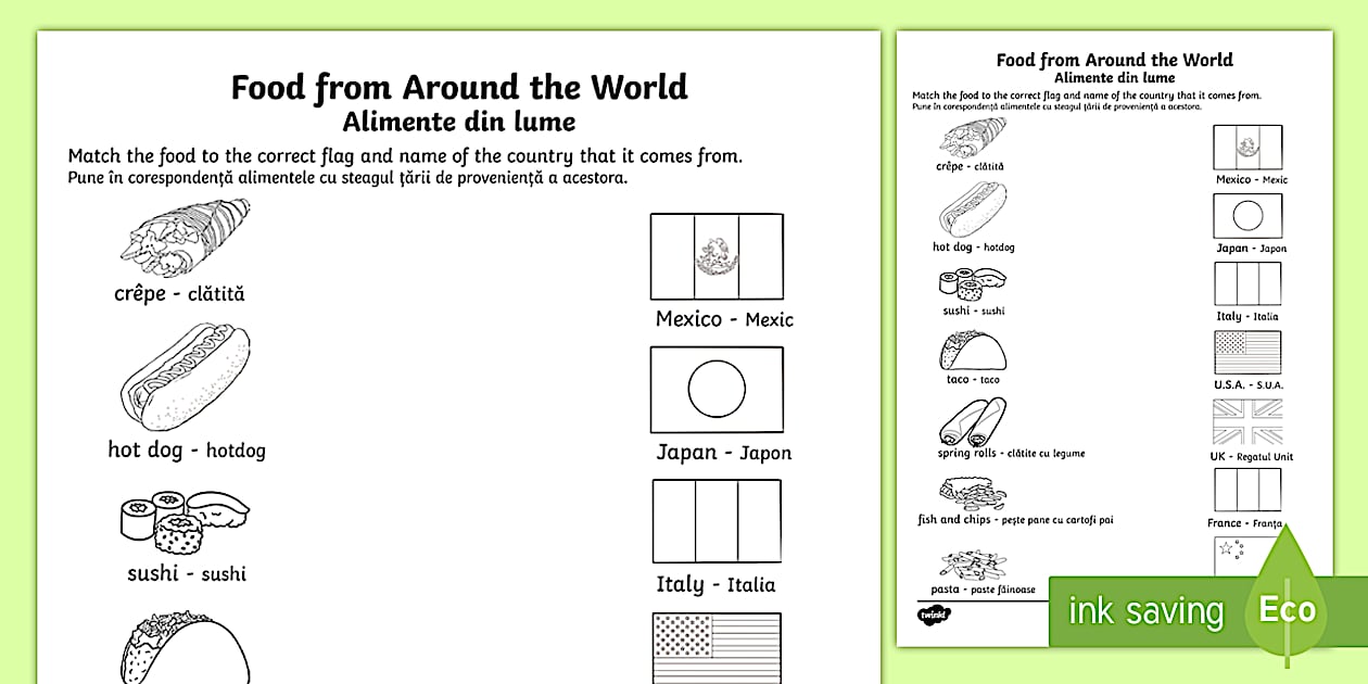Food From Around the World Matching Worksheet / Worksheet English/Romanian