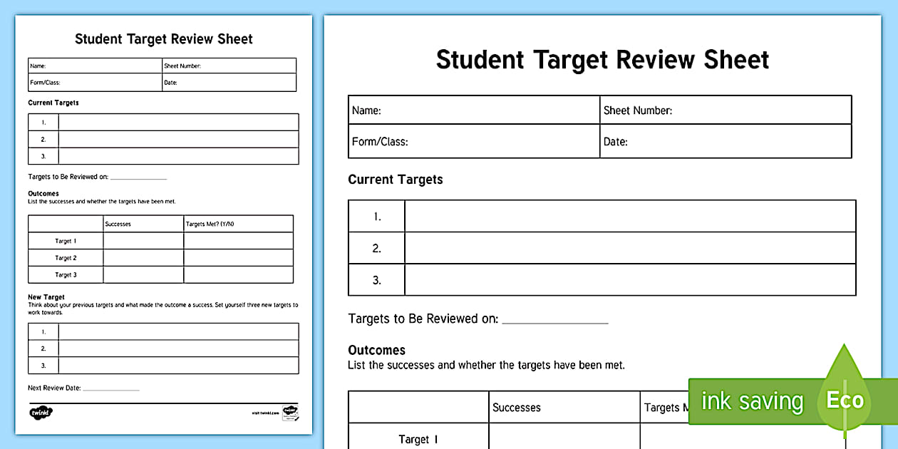 Editable Student Target Review Worksheet - Twinkl