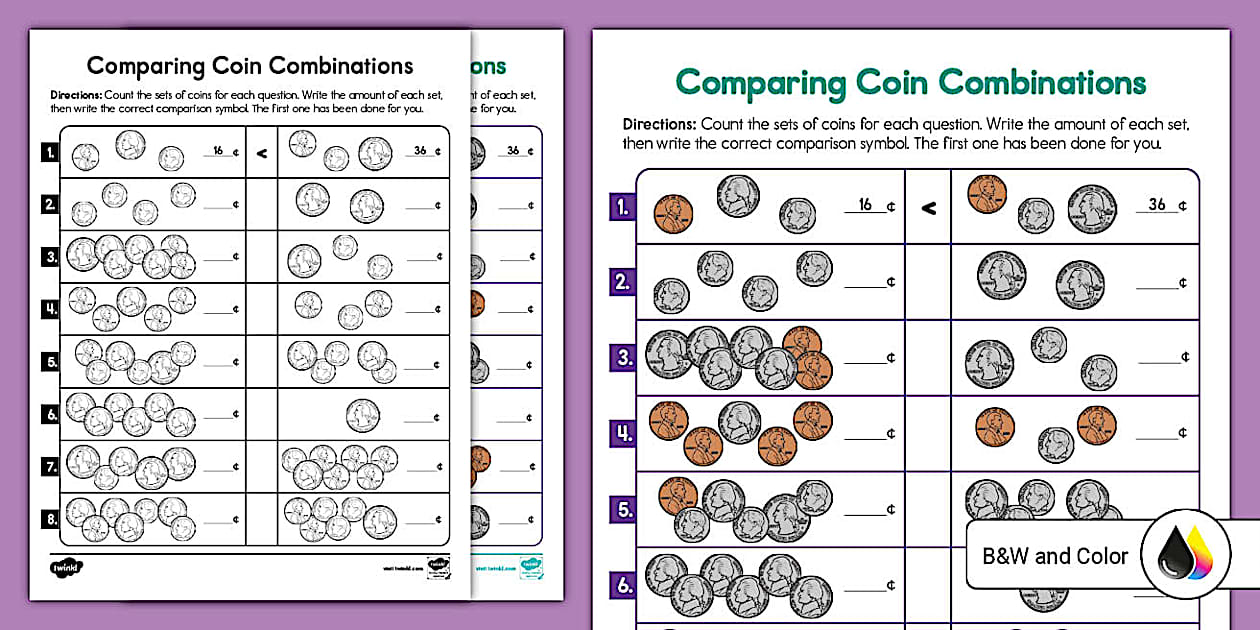 Second Grade Comparing Coin Combinations Worksheet - Twinkl