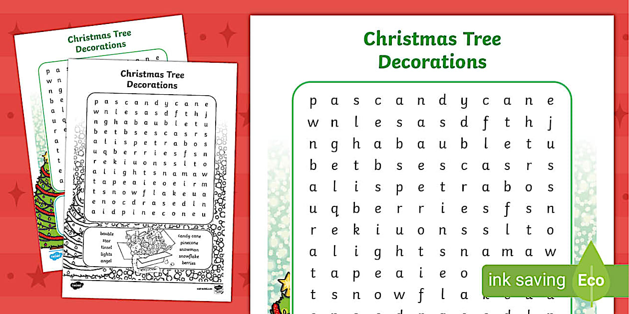 Christmas Tree Decorations Wordsearch (teacher made)