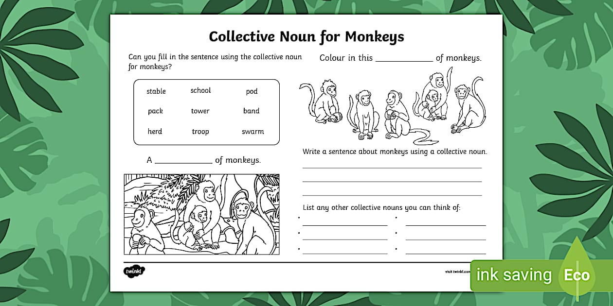 Collective Noun - Monkeys Worksheet (teacher made) - Twinkl
