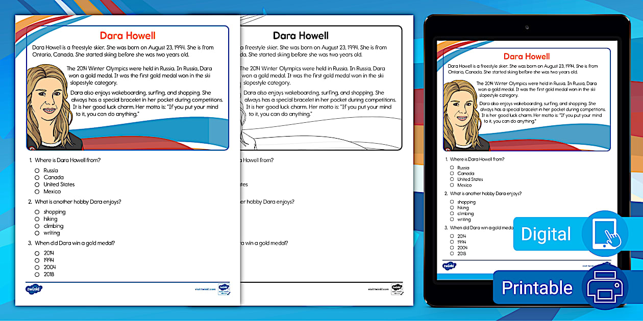 Second Grade Canadian Olympians: Dara Howell Reading Passage Comprehension