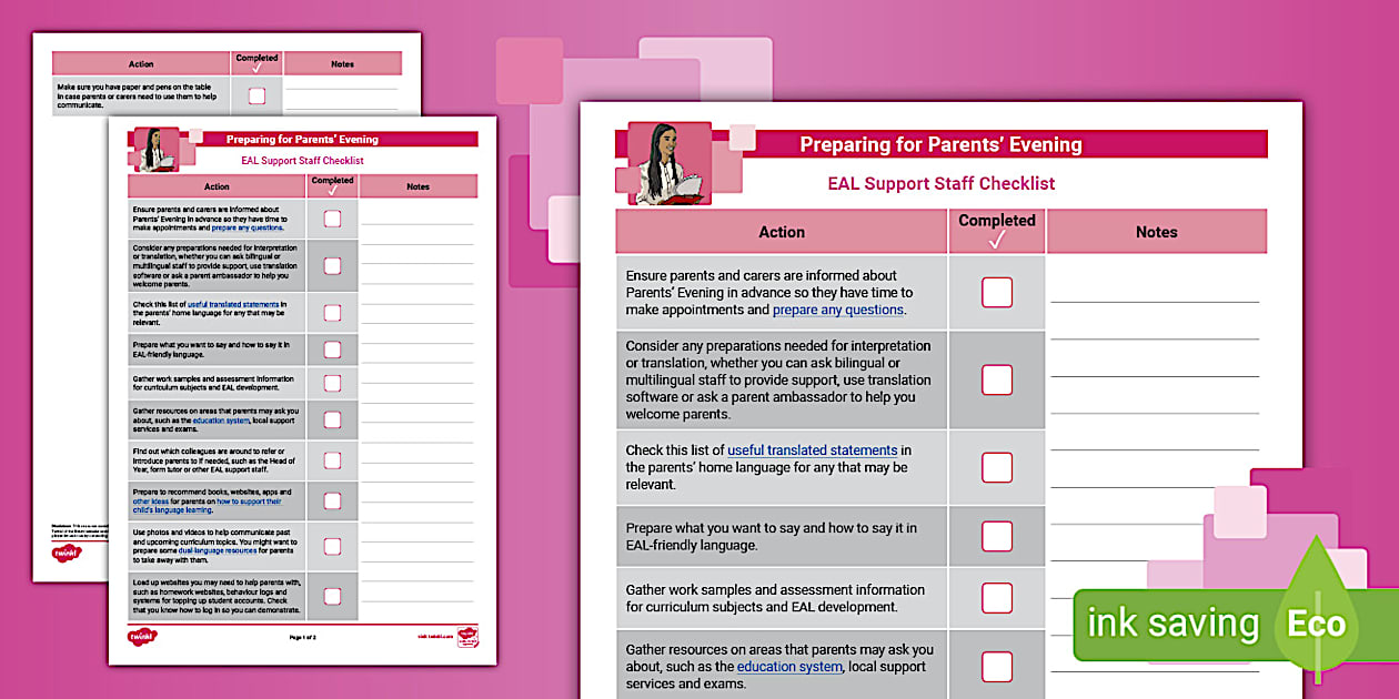Preparing for Parents' Evening - EAL Support Staff Checklist