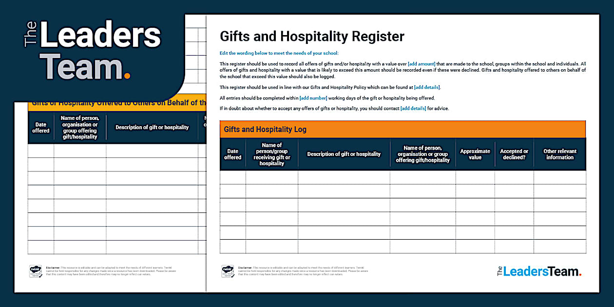 Gifts and Hospitality Register - Leaders