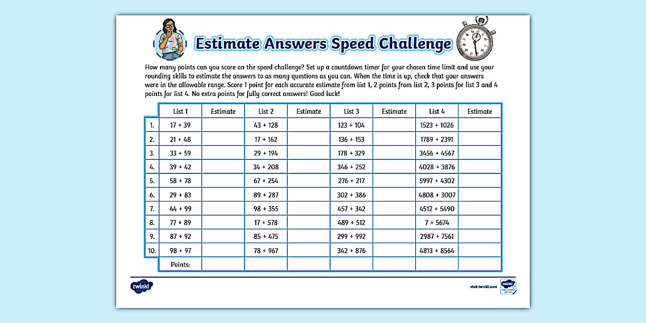 KS2 Estimate Answers Speed Challenge (teacher made) - Twinkl