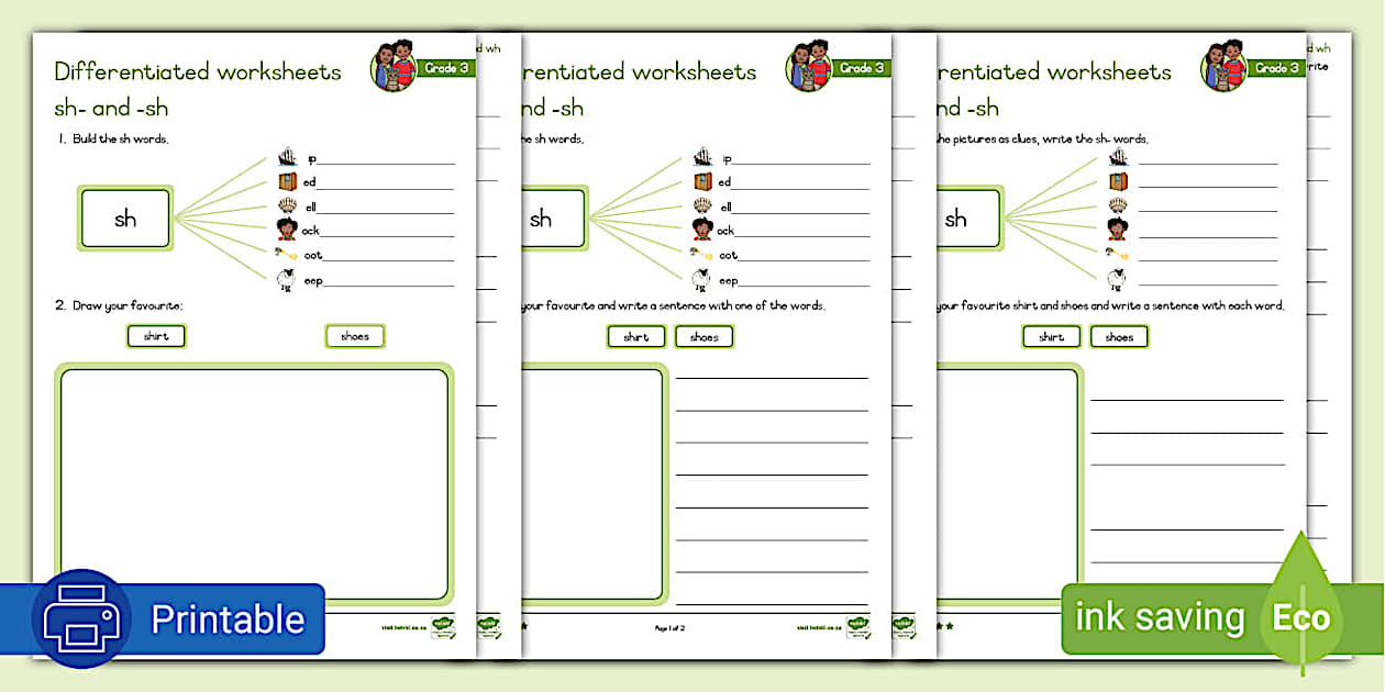 Grade 3 Phonics sh- -sh Differentiated Worksheets - Twinkl
