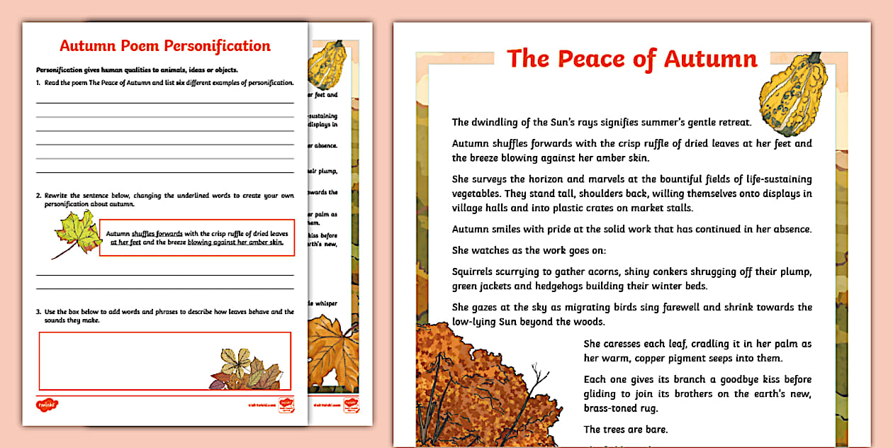Autumn Poem Personification Worksheet - English - Twinkl