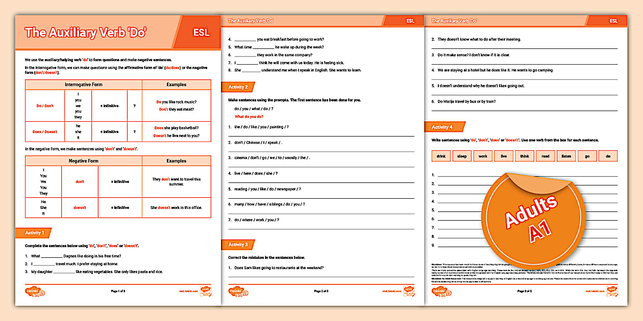 ESL The Auxiliary Verb 'Do' Activity Sheet [Adults, A1]