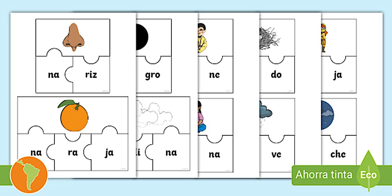 Rompecabezas con las sílabas na, ne, ni, no, nu- Guía de trabajo
