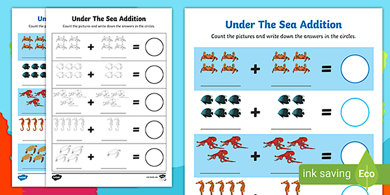 Simple Addition Worksheets - Under the Sea - KS1 - Twinkl