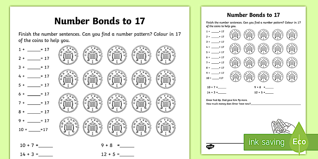 Number Bonds Within 20: Bonds to 17 Worksheet / Worksheet