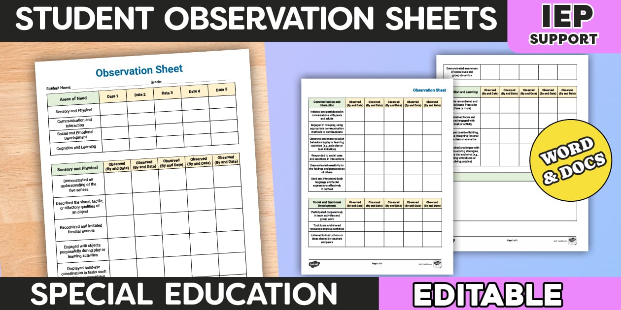 Editable Student Observation Recording Sheets for Special Ed
