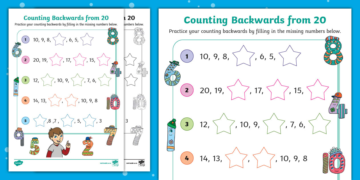 Counting Backwards from 20 Missing Number Worksheet - Twinkl