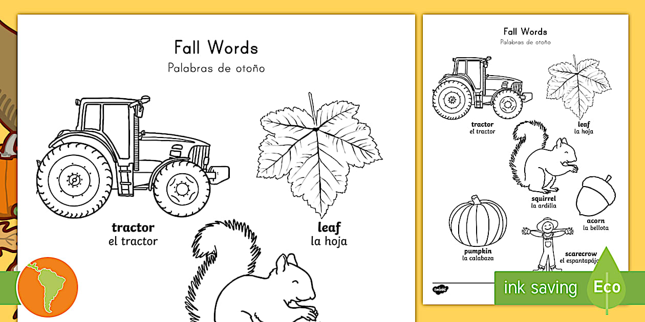 Fall Words Coloring Worksheet / Worksheet - English/Spanish - Fall Themed
