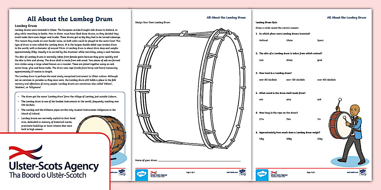 FREE! - Ulster Scots: All About the Lambeg Drum Activity Sheets