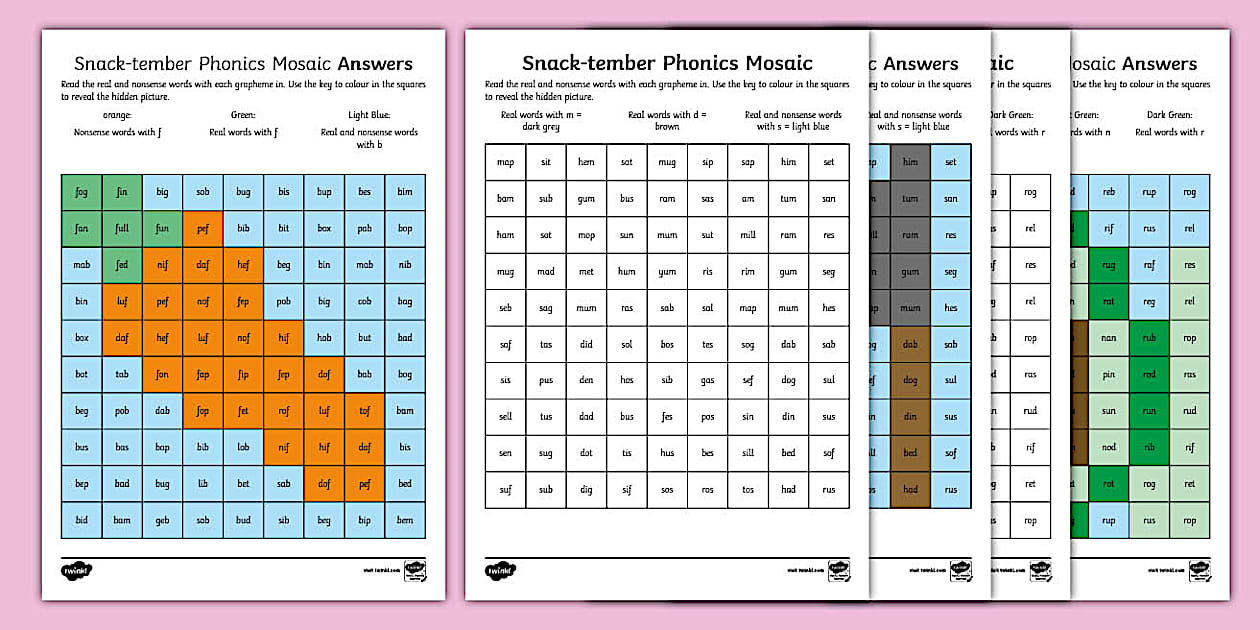 Snack-tember Phase 2 Phonics Mosaic Worksheets - Twinkl