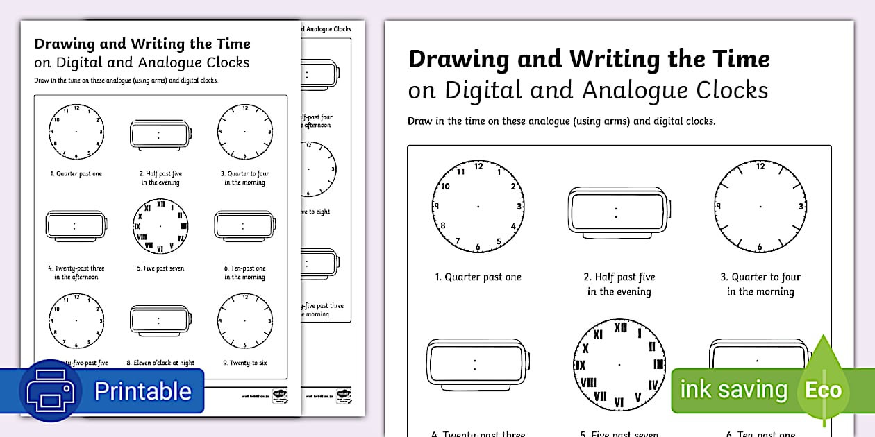 Drawing and Writing the Time on Digital and Analogue Clocks Activity Sheet