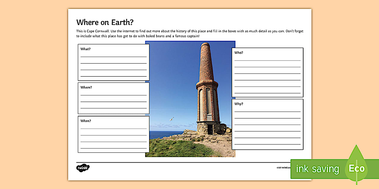 Black and White Where on Earth? Cape Cornwall Worksheet