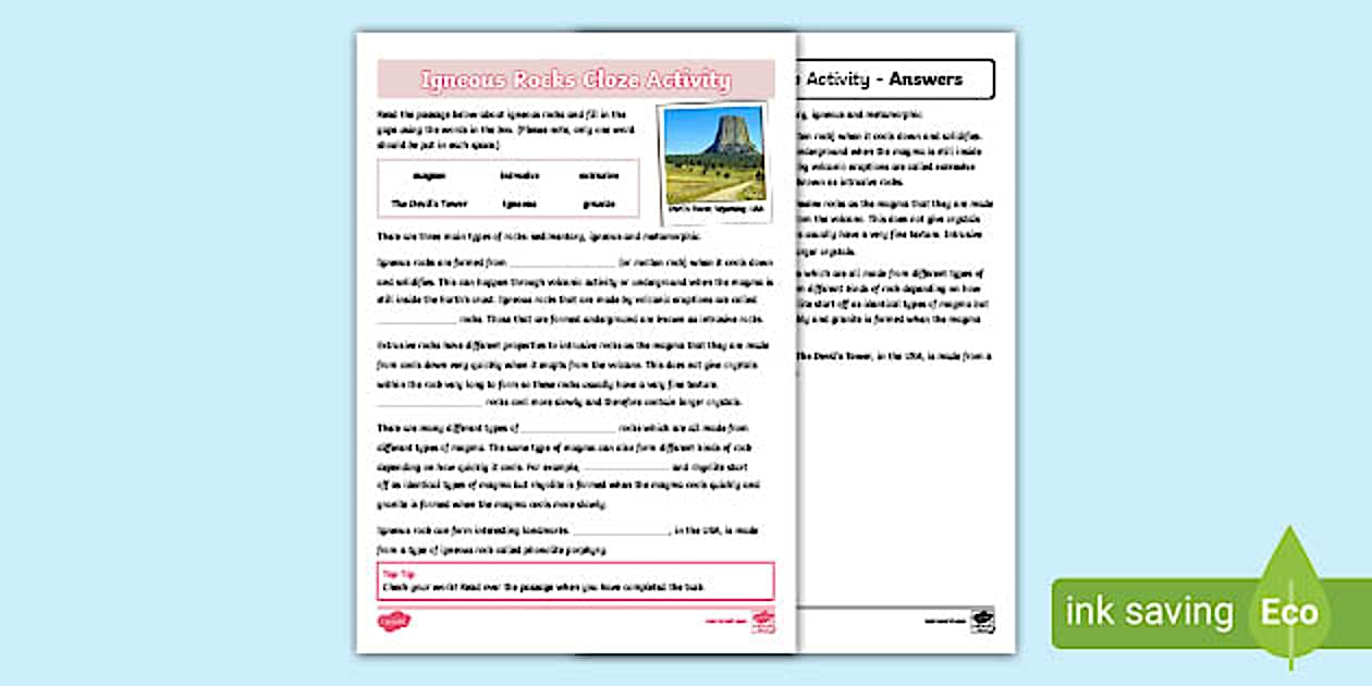 Igneous Rocks KS2 Cloze Activity (teacher made) - Twinkl