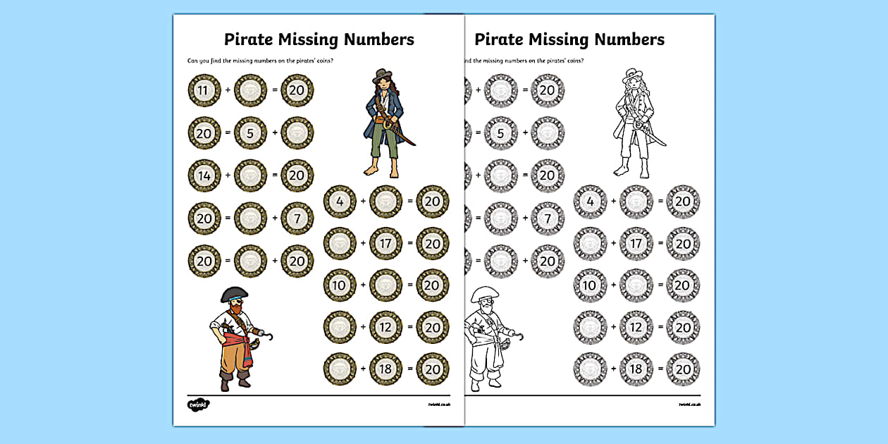 Editable Pirate Themed Missing Numbers Addition to 20 Worksheet