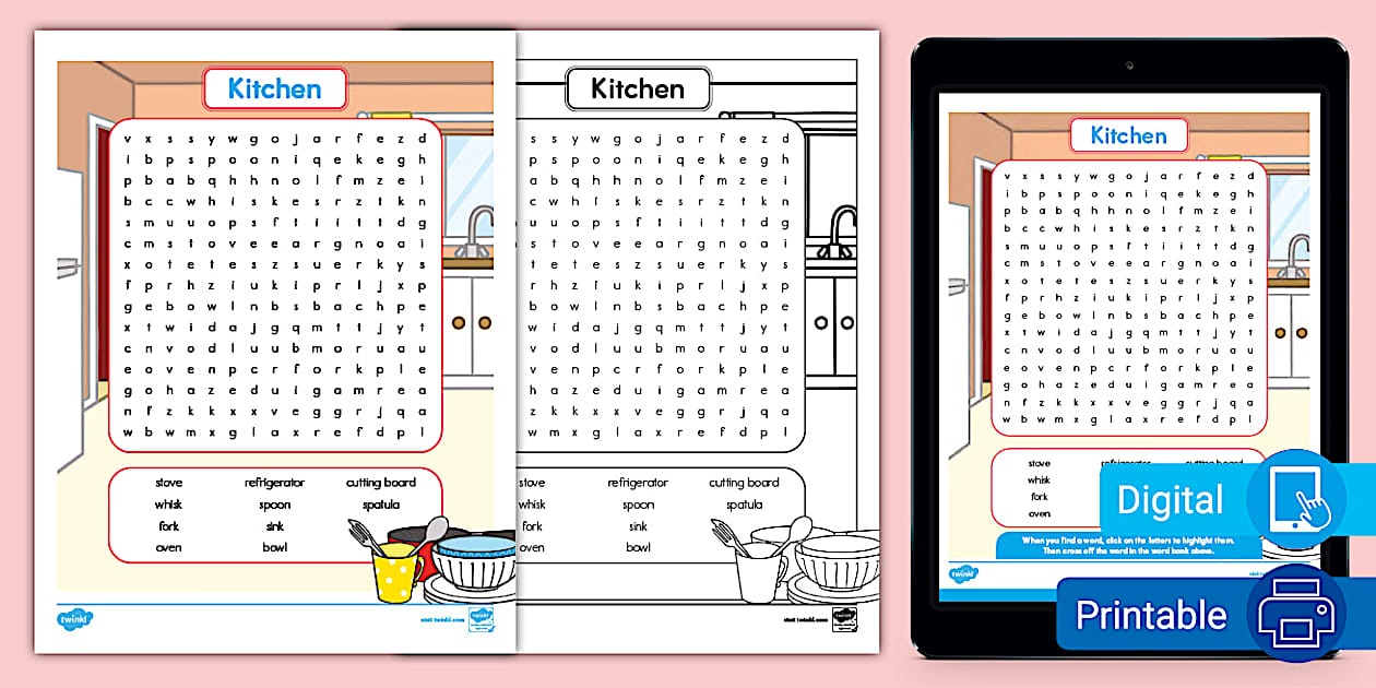 Kitchen Vocabulary Word Search for K-2nd Grade - Twinkl