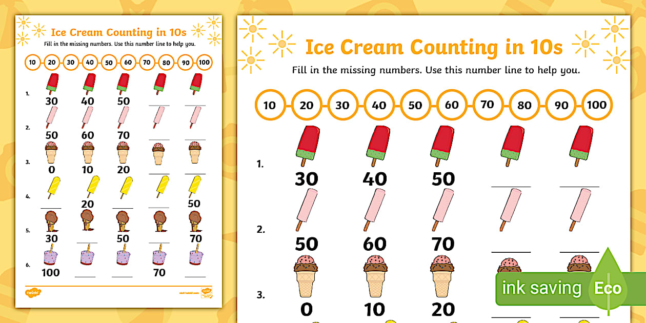 👉 Ice Cream Counting in 10s Worksheet - Twinkl