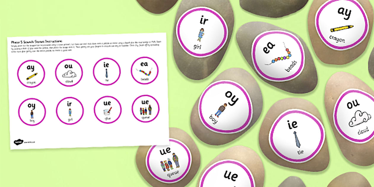 Black and White Phonic Phases 5 Sounds Stone Cut Outs