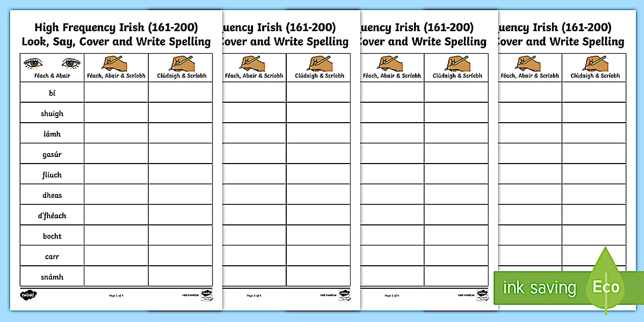 High Frequency Irish Words (161-200) Look, Say, Cover and Write Spelling